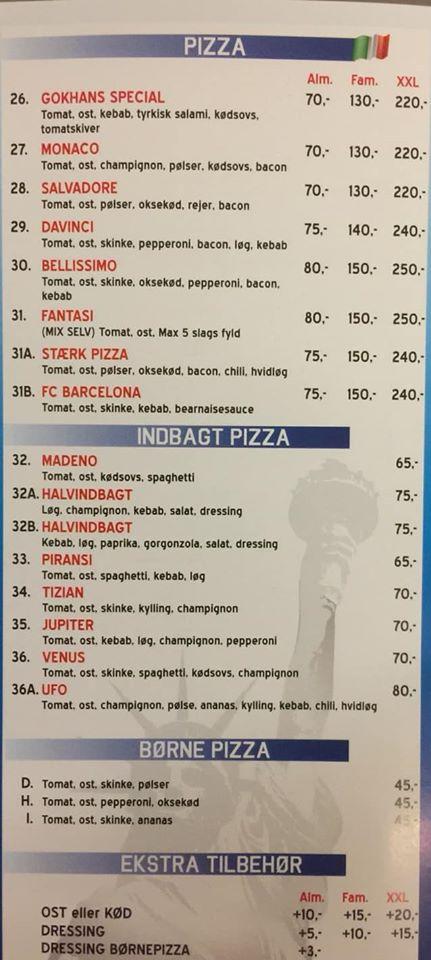 Menu au New York pizza pizzeria, Allingåbro
