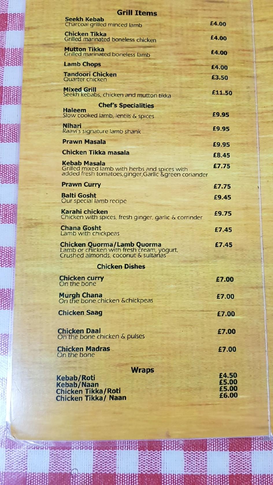 Menu at Raavi Kebab restaurant, London