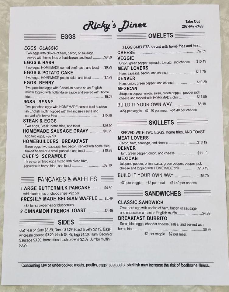 Menu at Ricky's Diner restaurant, Bridgton
