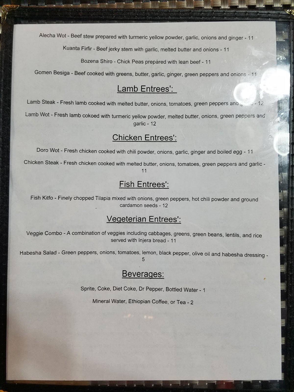 Menu at SHEGER ETHIOPIAN RESTAURANT& GROCERY, Memphis