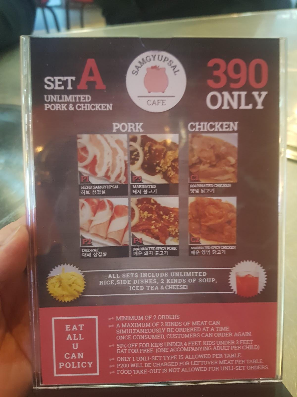 Menu at Samgyupsal Cafe(Chusam cafe), Manila