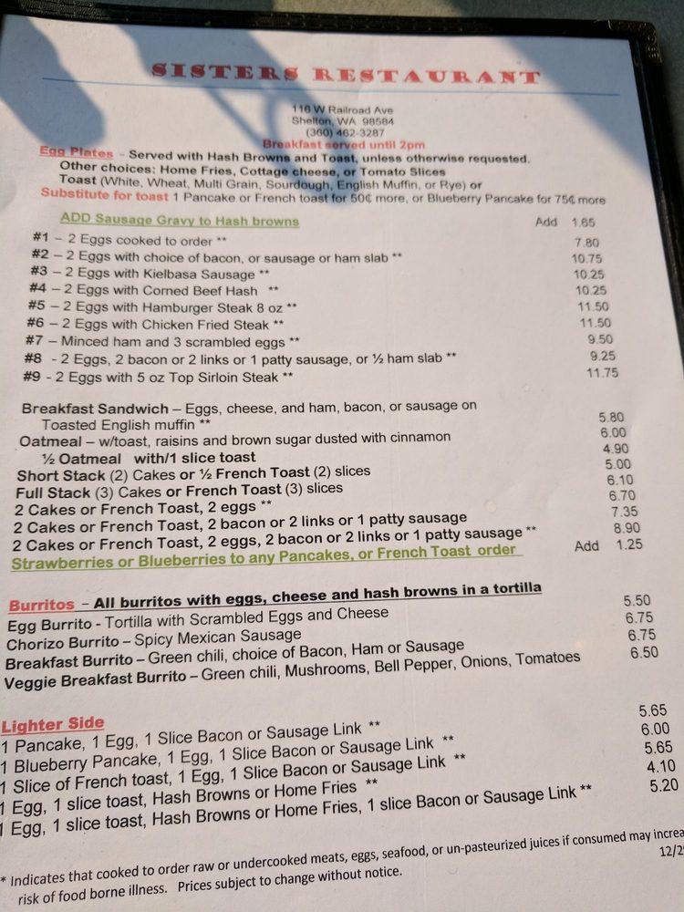 Menu at Sisters Restaurant, Shelton