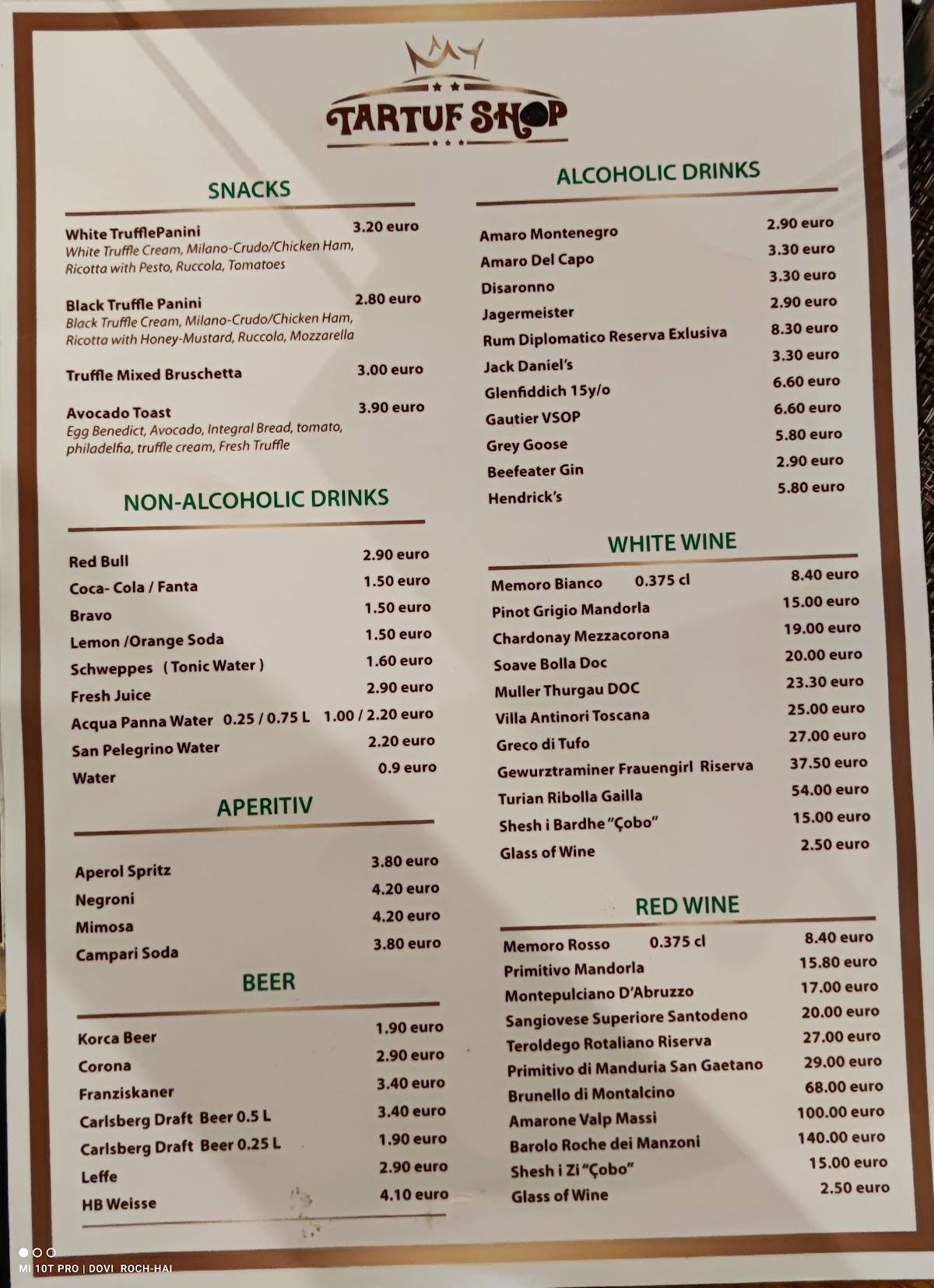 Menu at Tartuf Shop restaurant, Tirana