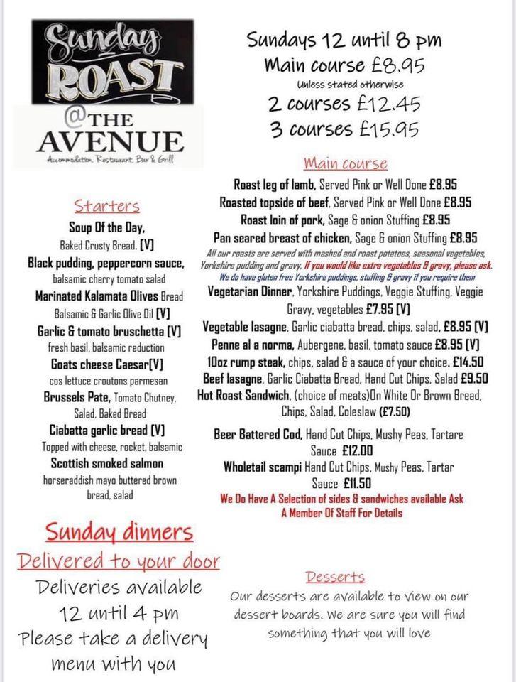 Menu at The Avenue pub & bar, High Shincliffe