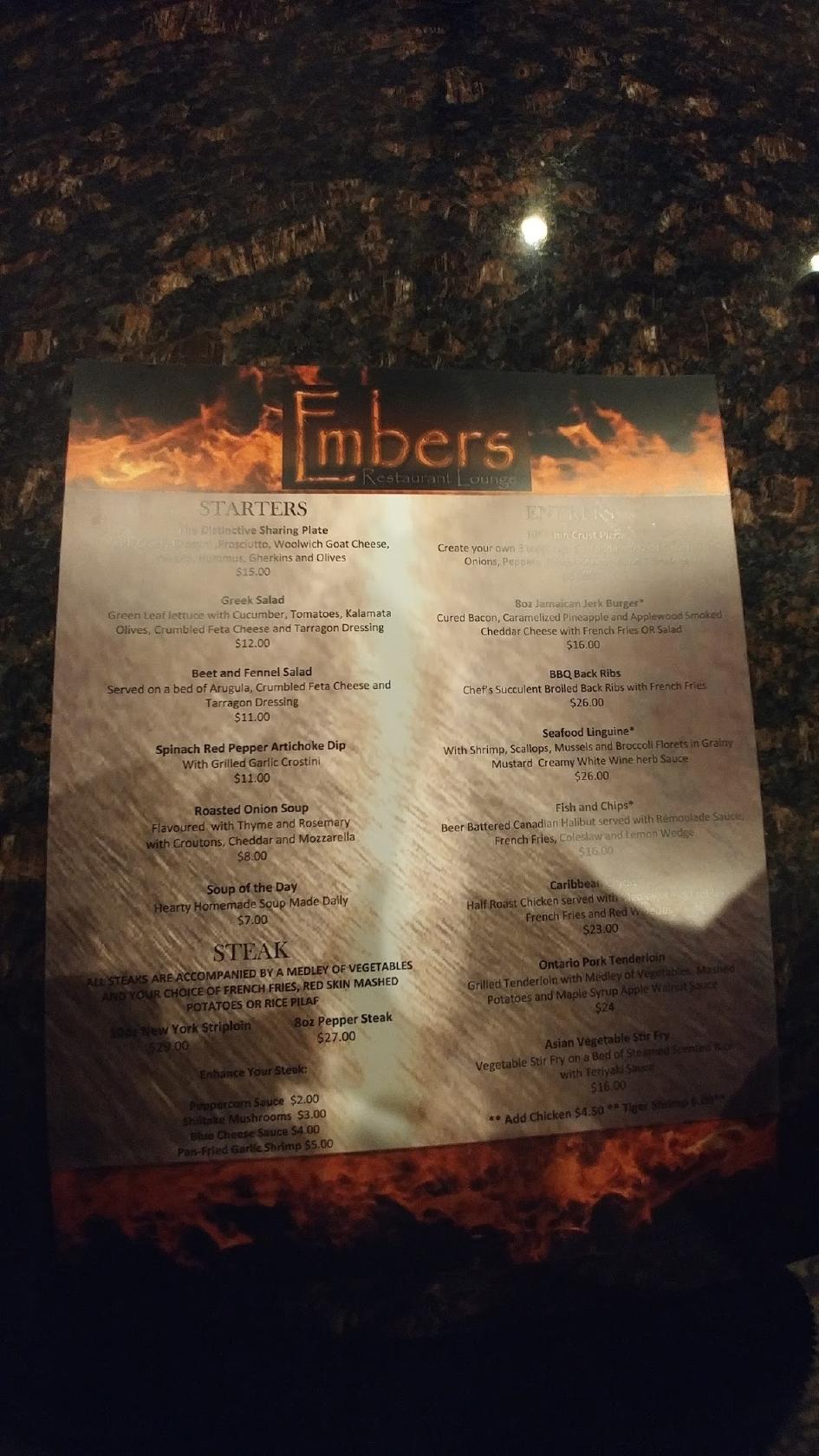 Menu at Embers Restaurant, Kitchener