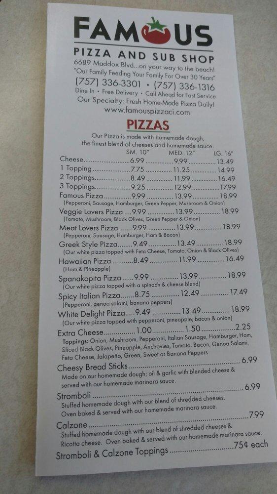 Menu at Famous Pizza & Sub Shop pizzeria, Chincoteague Island