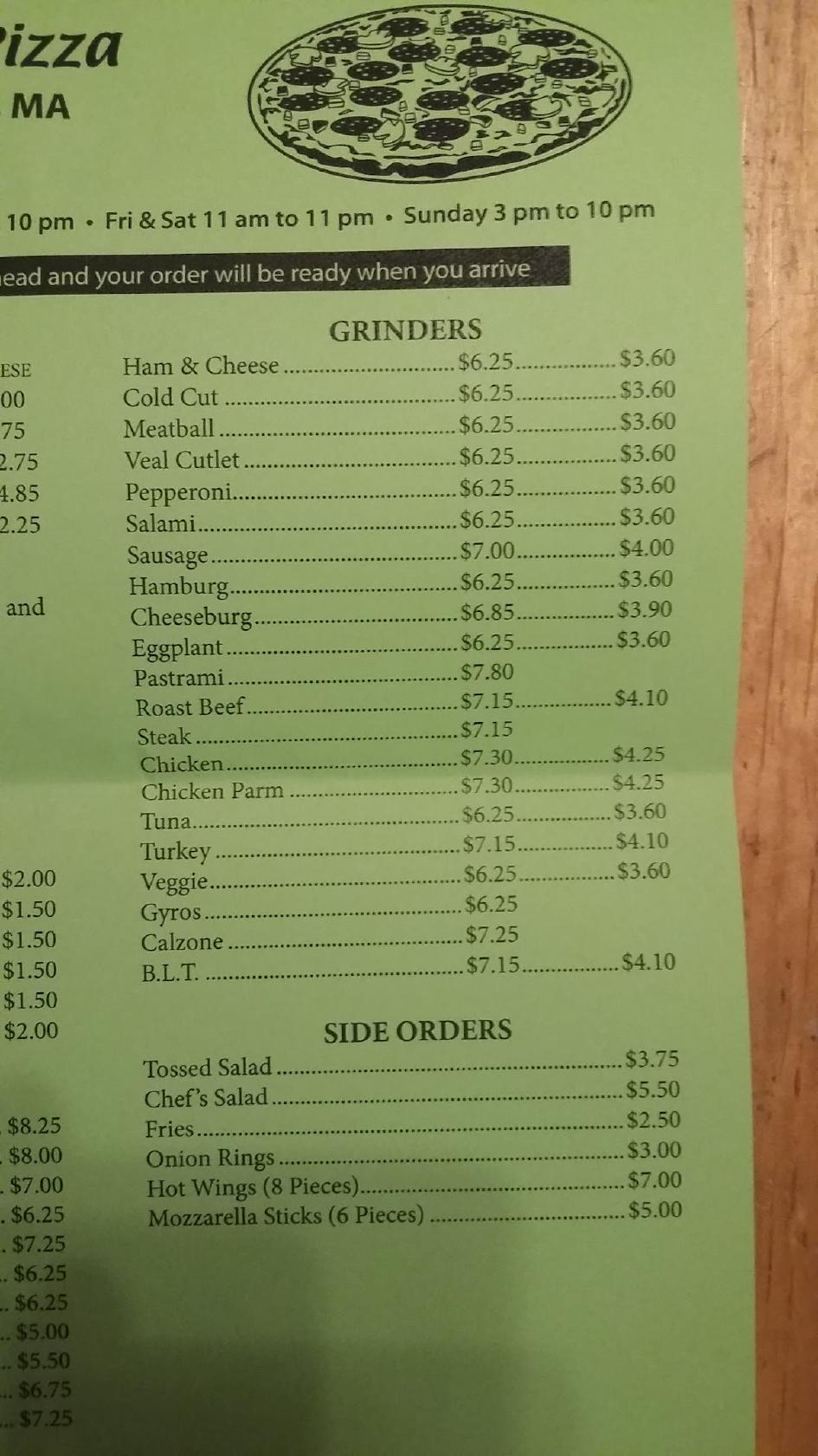 Menu at Monson Italian Pizzeria, Monson