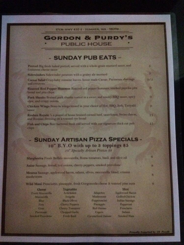 Menu at Purdy's Public House, Sumner