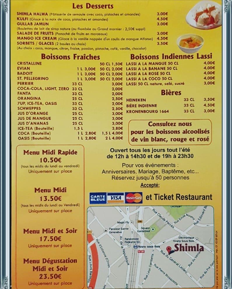 Menu at Shimla restaurant, Rosny-sous-Bois