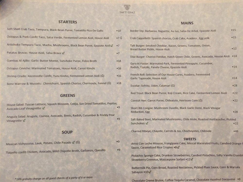 Menu at Taft-Diaz restaurant, El Paso