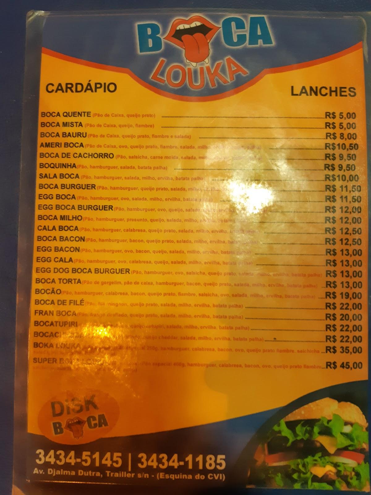 Menu at Boca Louka restaurant, Paulista