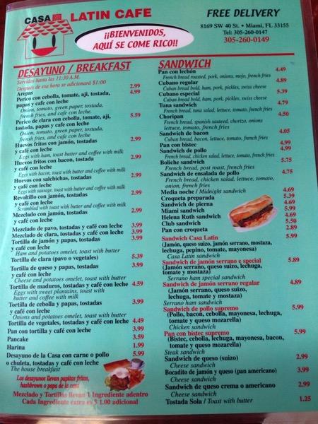 Menu at Casa Latin Cafe, Miami