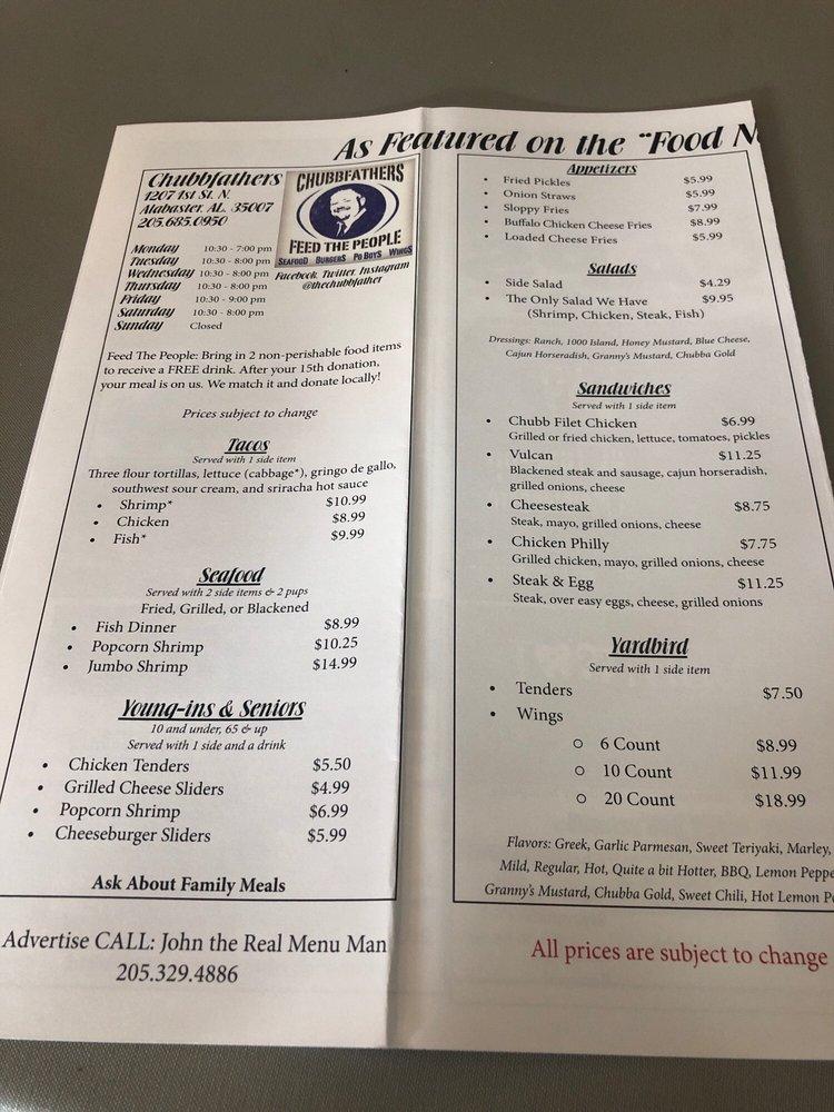 Menu at Chubbfathers restaurant, Alabaster, 229 Kent Stone Blvd
