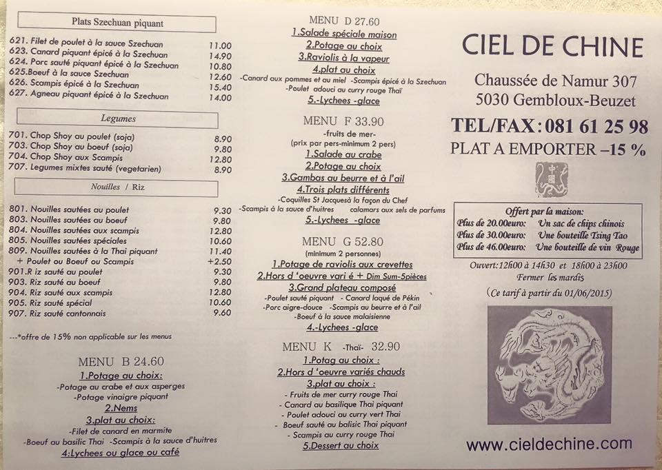 Menu at Ciel de Chine, Gembloux