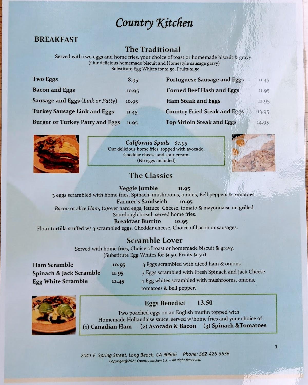 Menu at Country Kitchen cafe, Long Beach