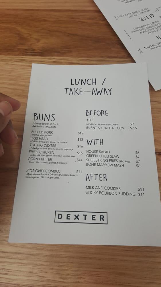 Menu at Dexter restaurant, Preston