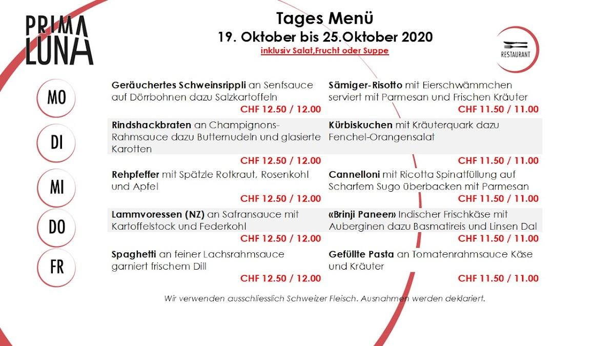 Menu at Prima Luna, Bern