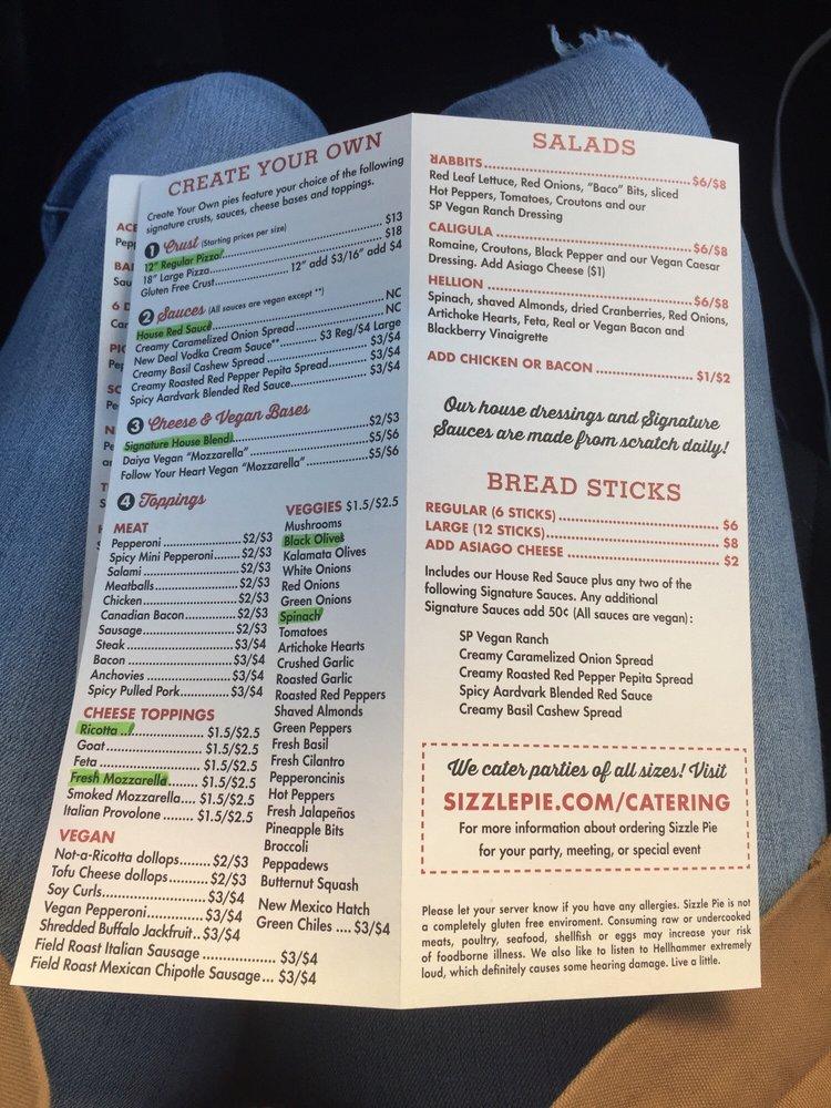 Menu at Sizzle Pie Downtown pizzeria, Portland, 926 W Burnside St