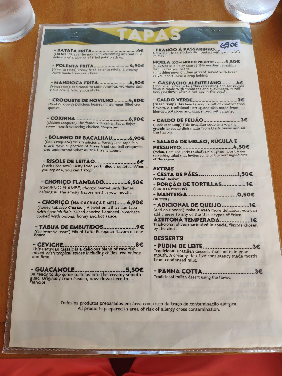 Menu em Tapas do Manolo - Bar Brasileiro em Portimão, Portimão