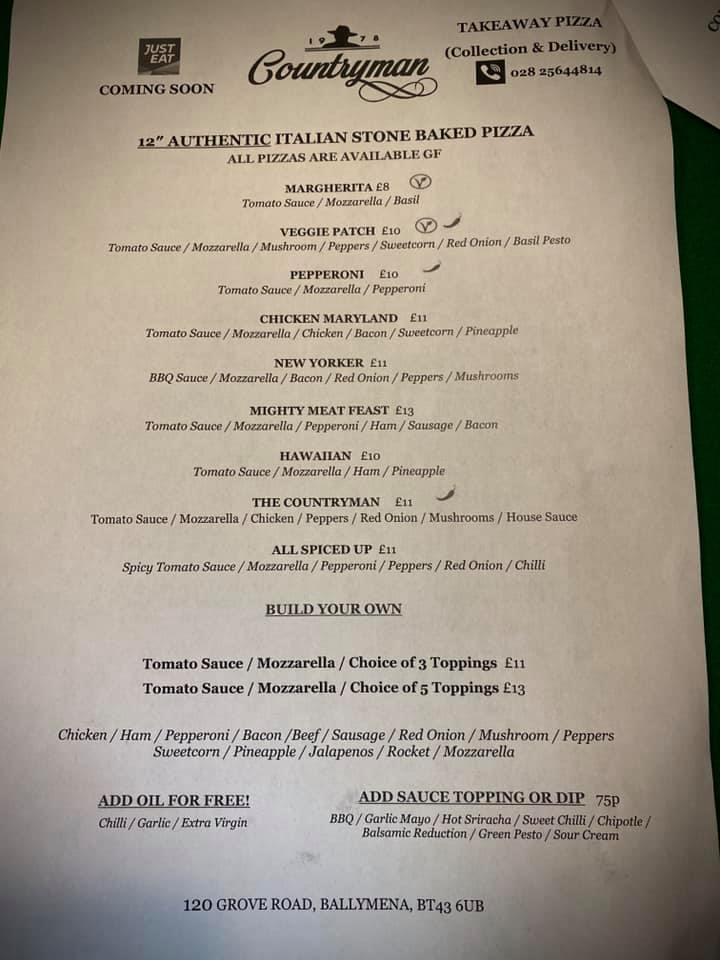 Menu at The Countryman Bar & Restaurant, Ballymena