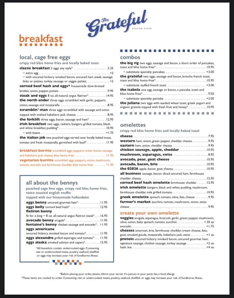 Menu at The Grateful Dedham Diner restaurant, Dedham