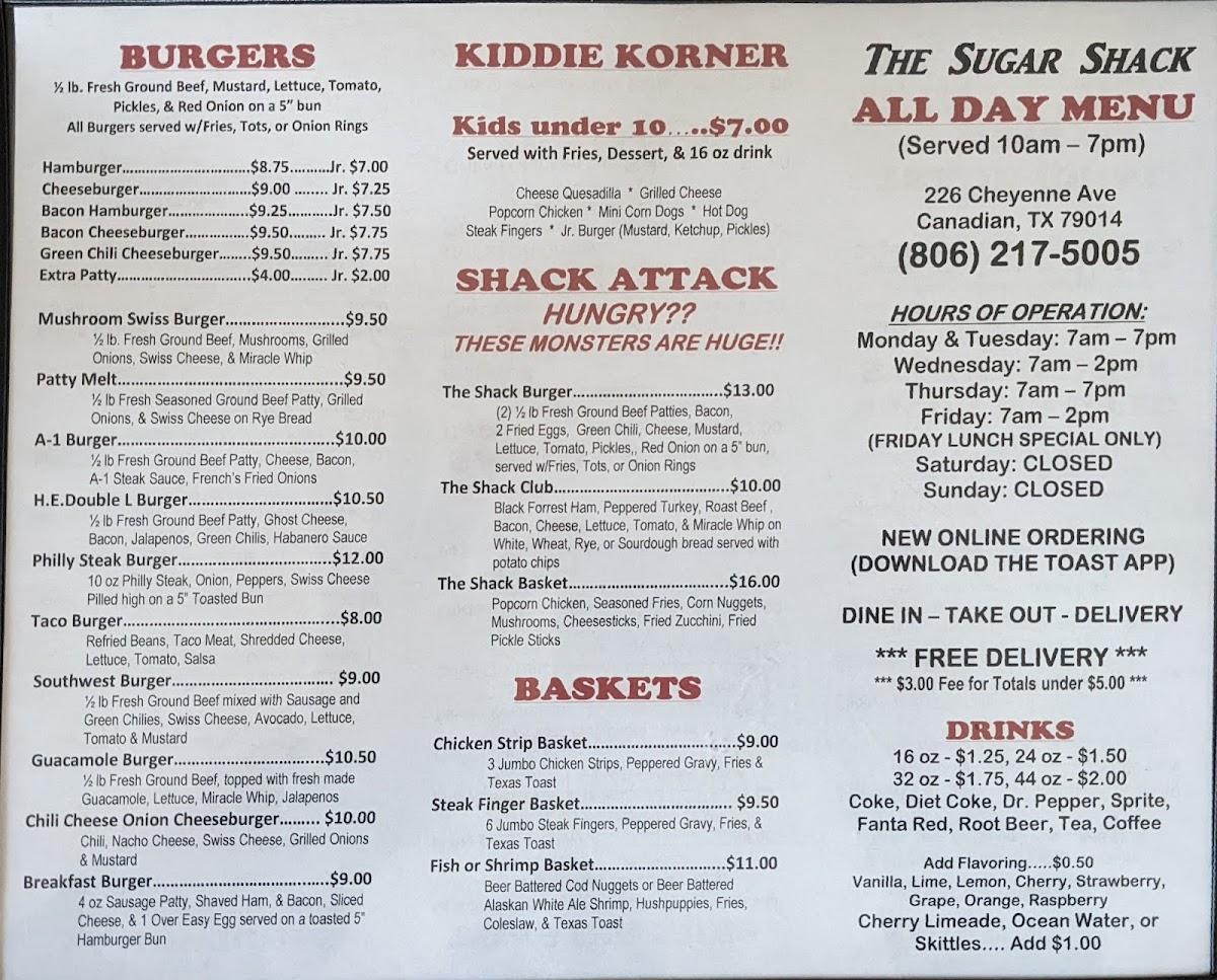 Menu at The Sugar Shack restaurant, Canadian