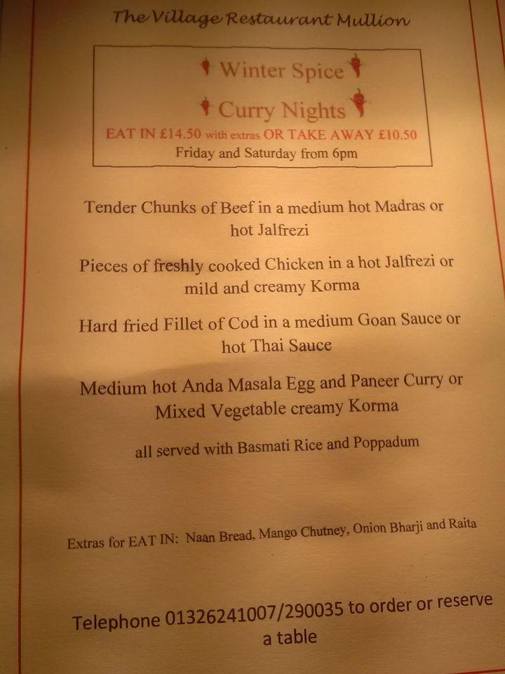 Menu at The Village Restaurant, Mullion