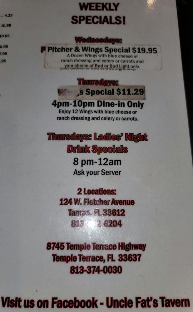 Menu at Uncle Fats 2 Tampa pub & bar, Tampa