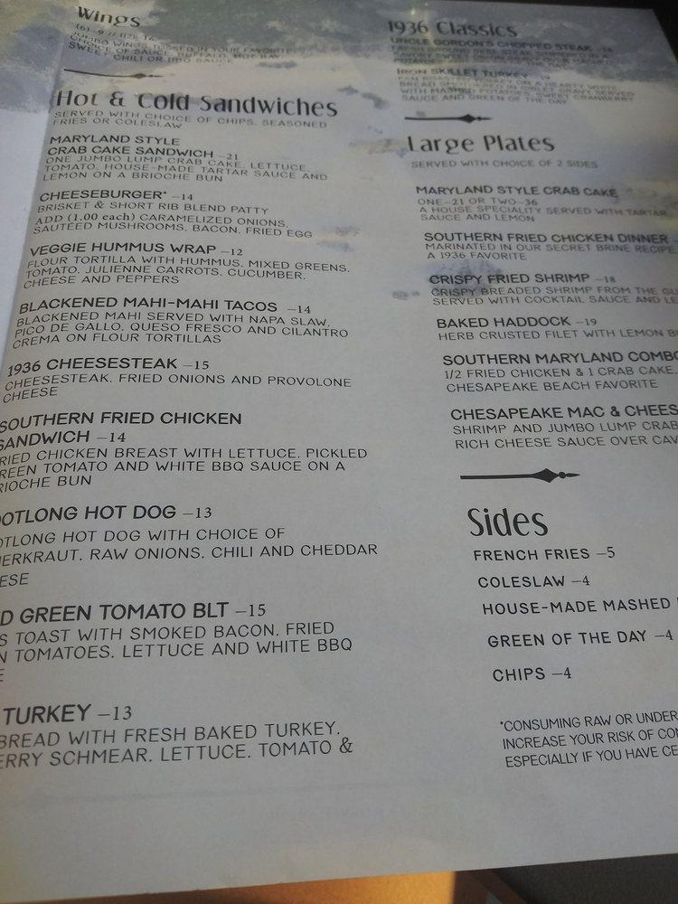 Menu at 1936 Bar & Grill, Chesapeake Beach