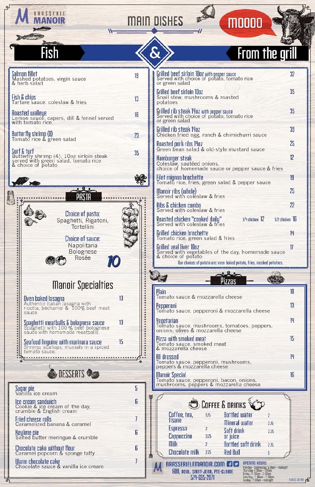 Menu at Brasserie Le Manoir Pointe-Claire pub & bar, Pointe-Claire, 600 ...
