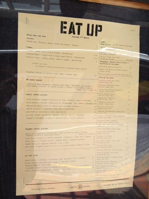 Menu at Depot restaurant, Auckland