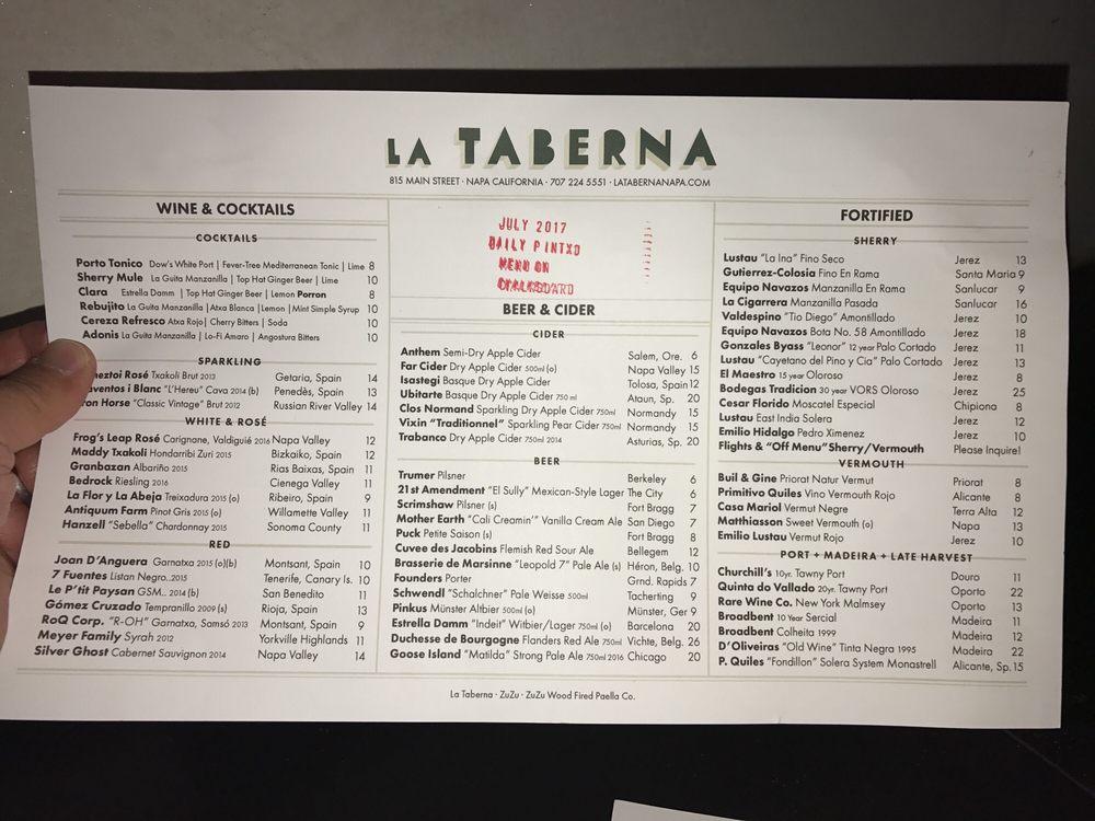 Menu at La Taberna pub & bar, Napa