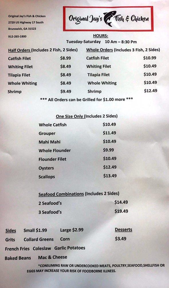 Menu at Original Jay's Fish & Chicken restaurant, Brunswick