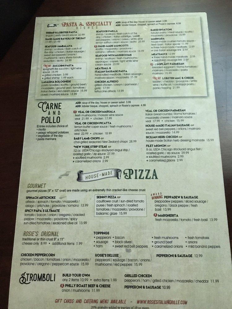 Menu at Rosie's Italian Grille restaurant, Toledo, 606 N McCord Rd