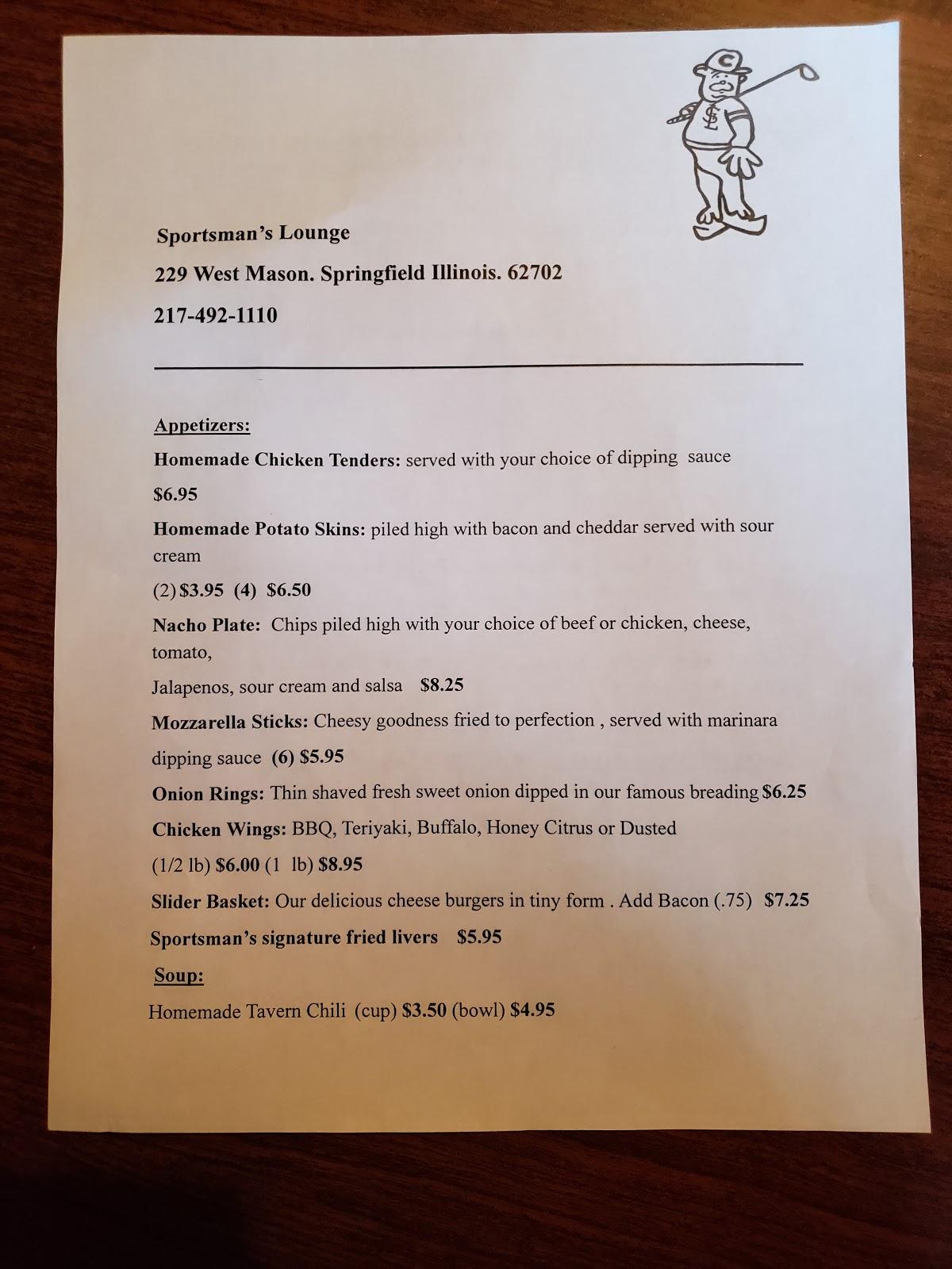 Menu at Sportsman's Lounge pub & bar, Springfield