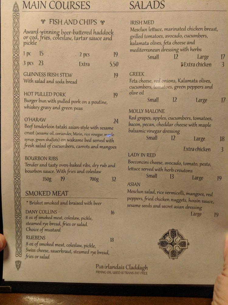 Carta de CLADDAGH - PUB IRLANDAIS, Quebec