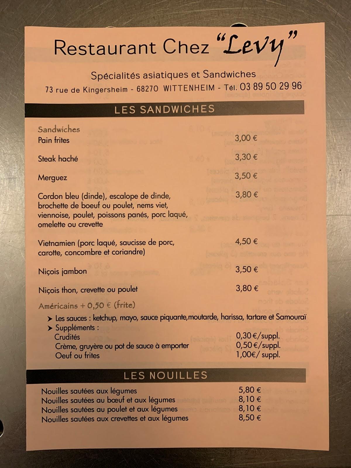 Menu at Phở Lévy fast food, Wittenheim