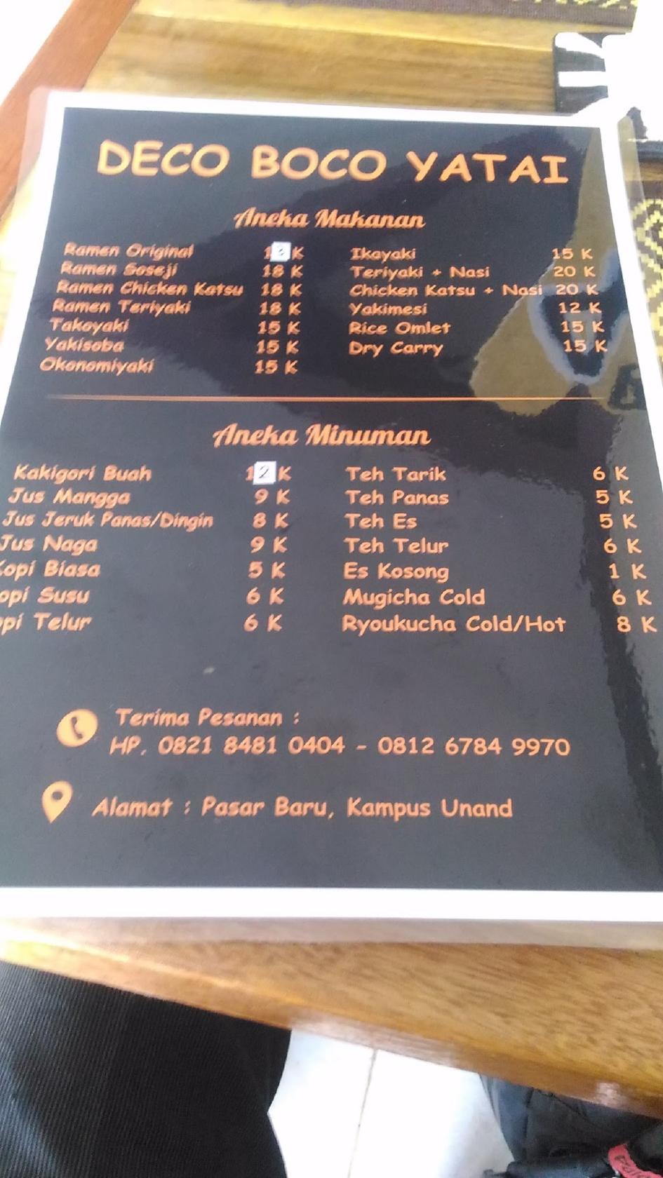 Menu at Deco Boco Yatai cafe, Padang