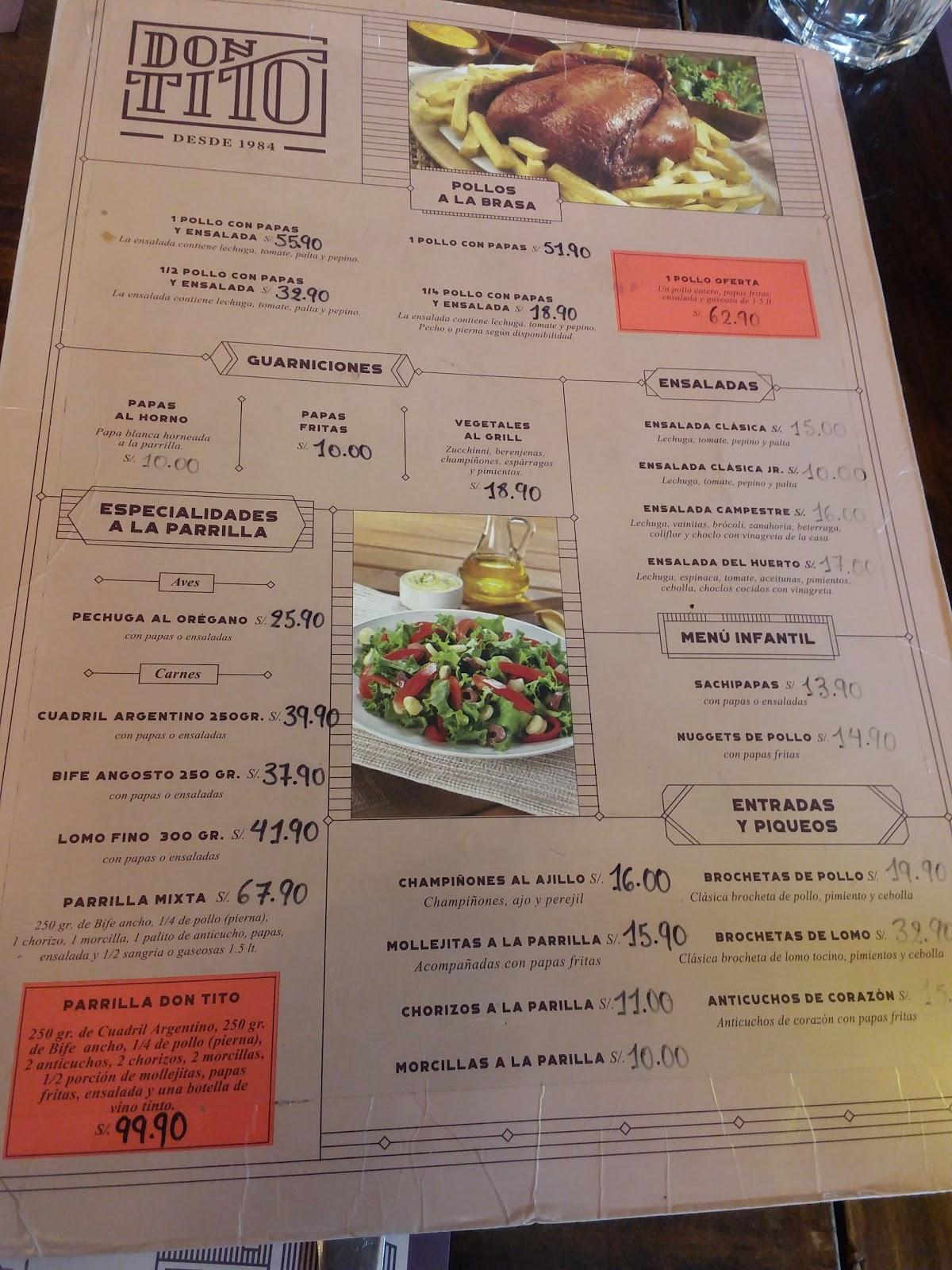 Menu at Don Tito restaurant, San Borja, Avenida Aviación 3096