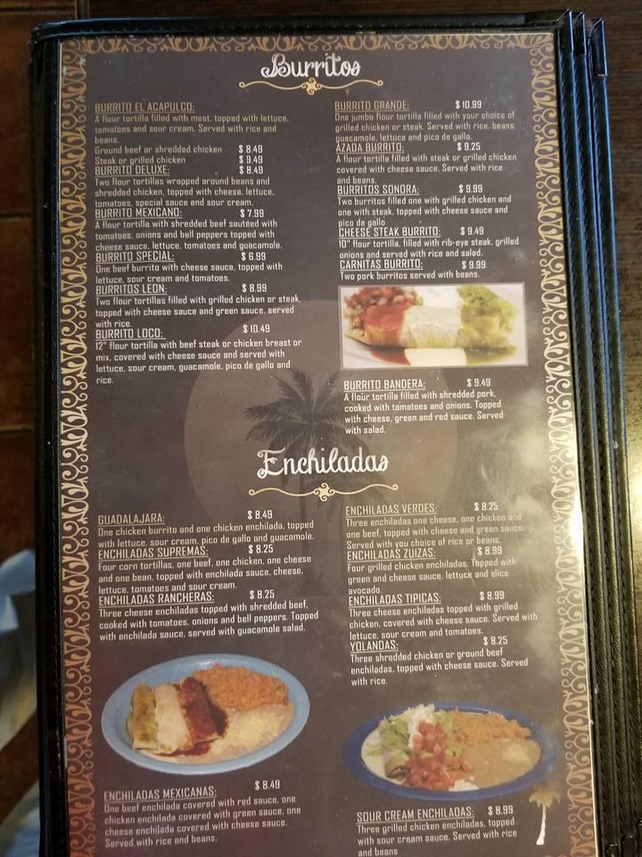 Menu at El Acapulco restaurant, Pocahontas, US-67