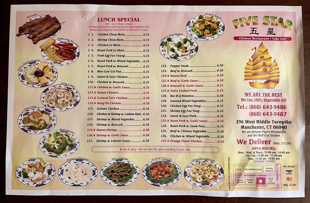 Menu at Five Star Chinese Restaurant, Manchester