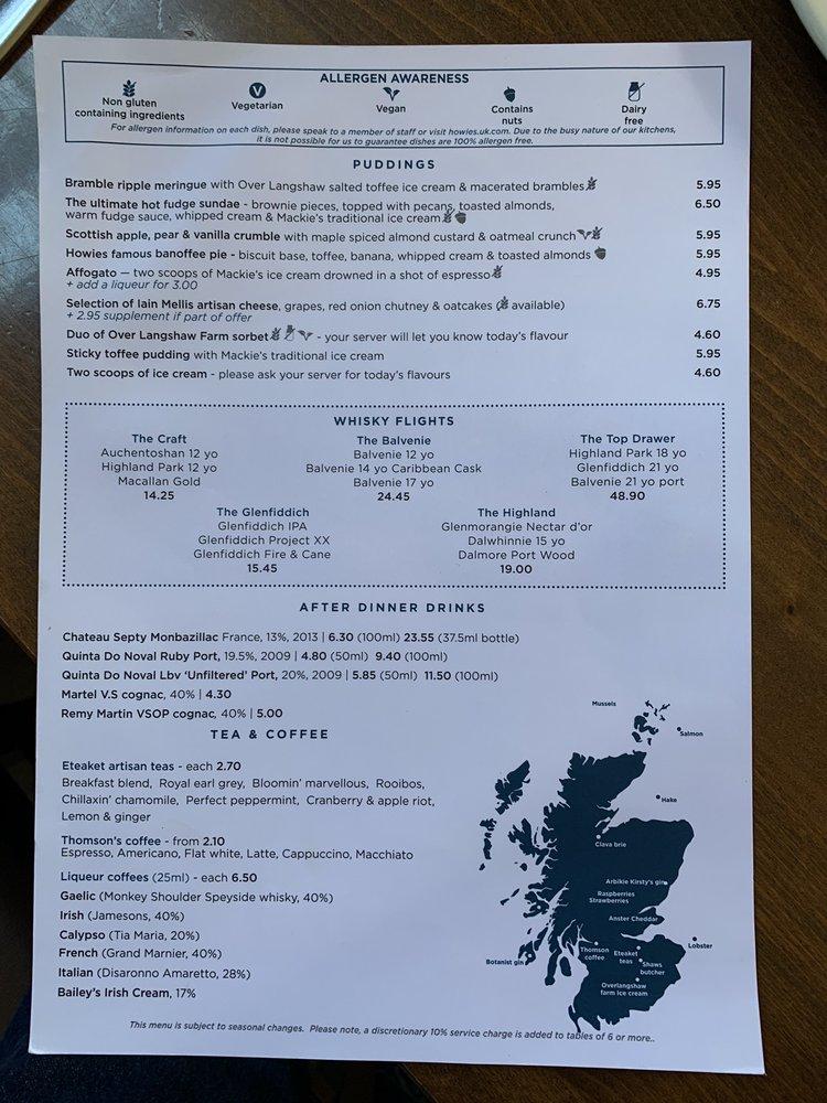 Menu at Howies Restaurant Waterloo Place, Edinburgh, Waterloo Place