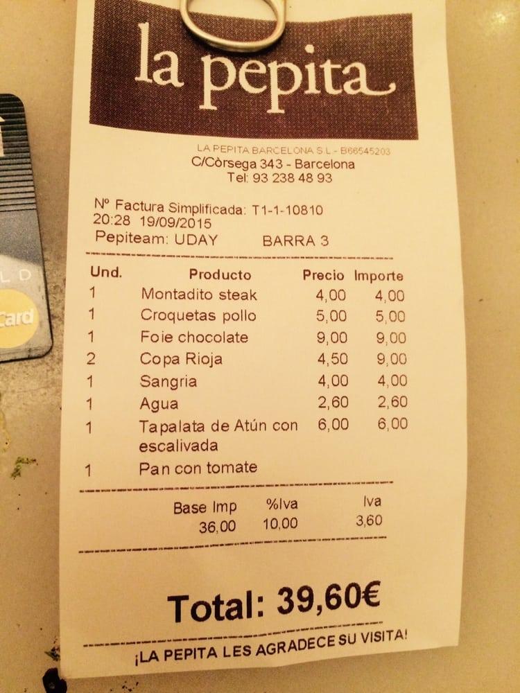 Menu at La Pepita pub & bar, Barcelona, C/ de Còrsega