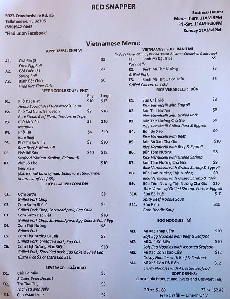 Menu at Red Snapper restaurant, Tallahassee, Crawfordville Rd # 5