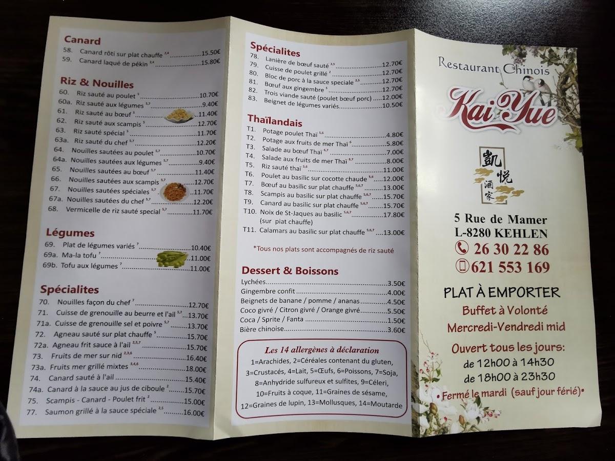 Menu au Restaurant Kai Yue, Kehlen