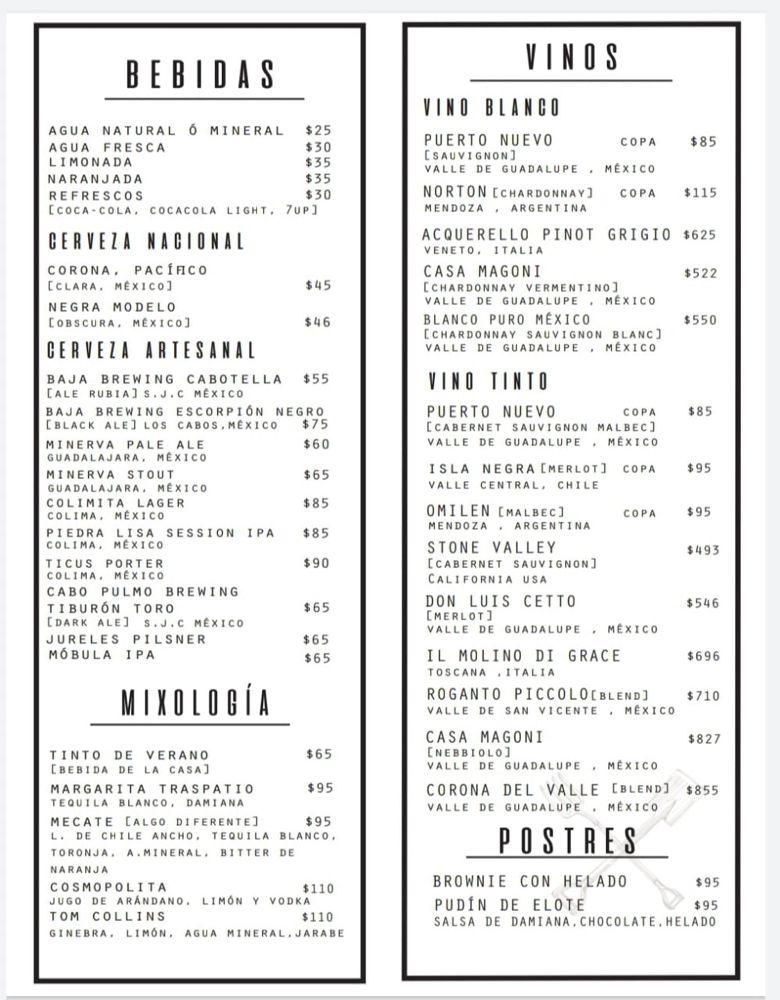 Menu at Traspatio steakhouse, San José del Cabo