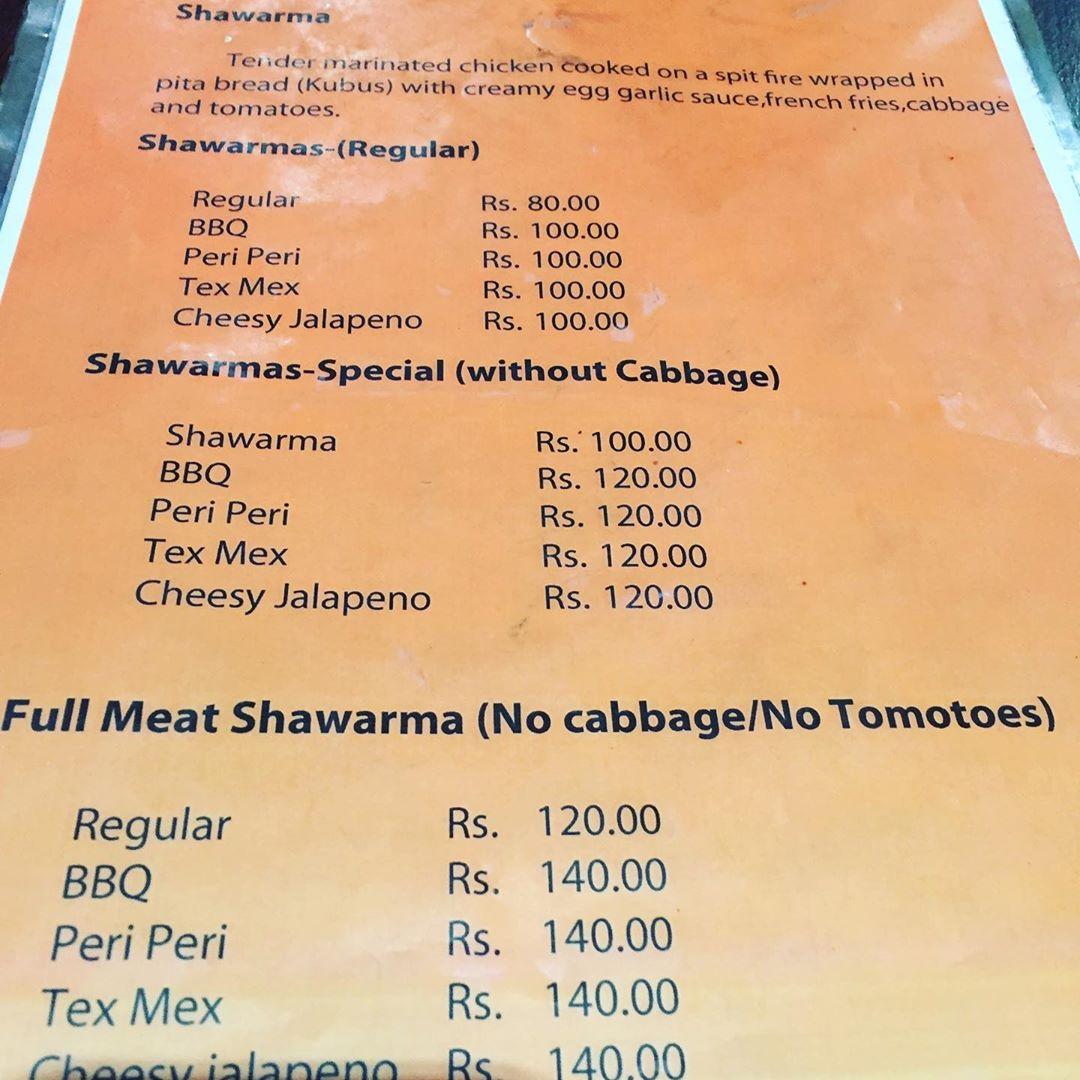 Menu at Arab Skew, Coimbatore