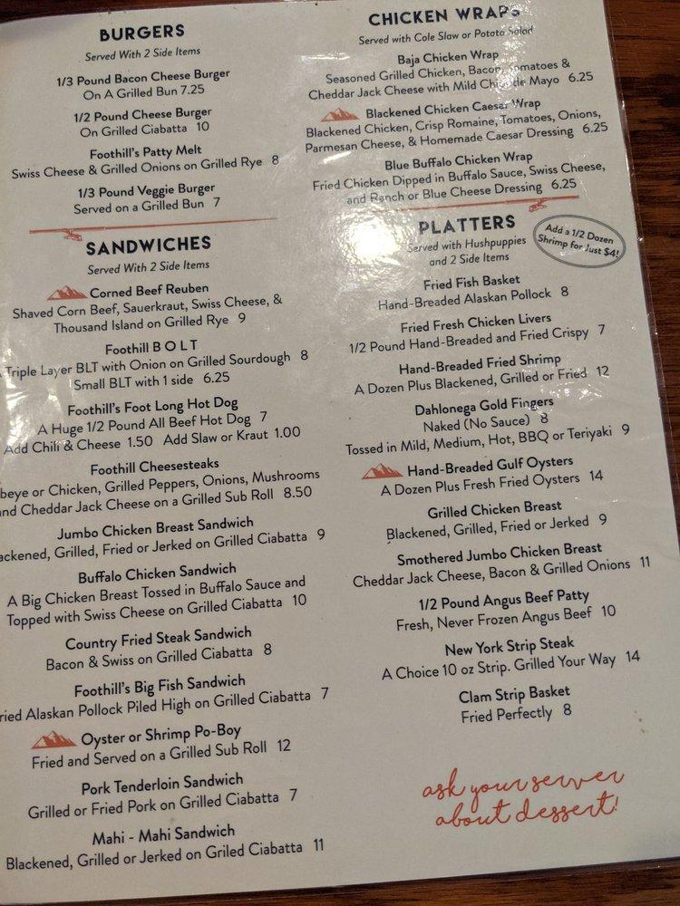 Menu at Foothill Grill restaurant, Dahlonega