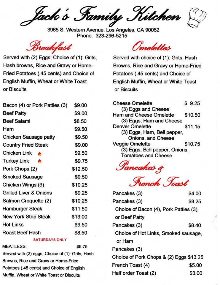 Menu at Jack's Family Kitchen restaurant, Los Angeles