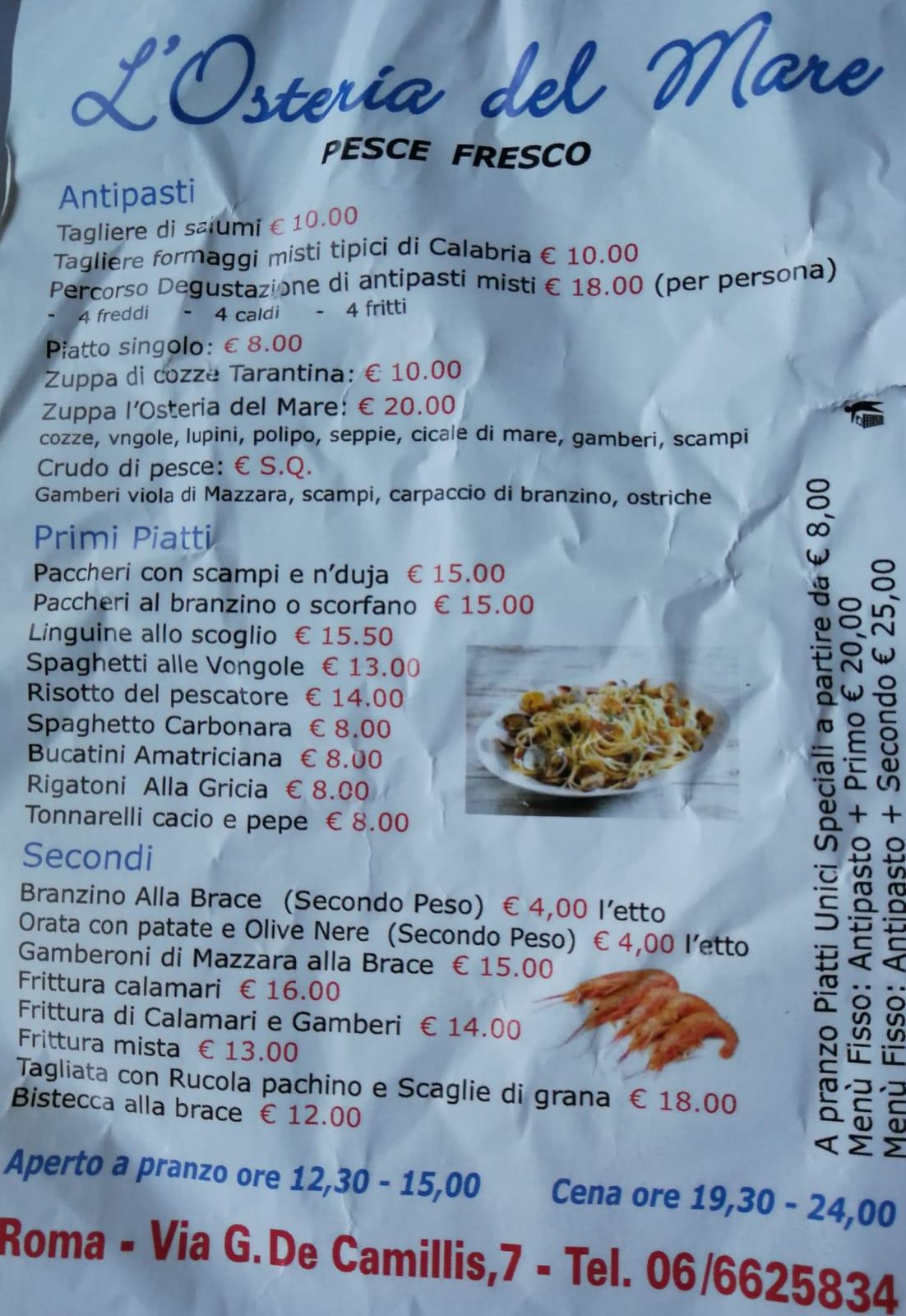 Menu da Ristorante "L'Osteria del Mare", Roma